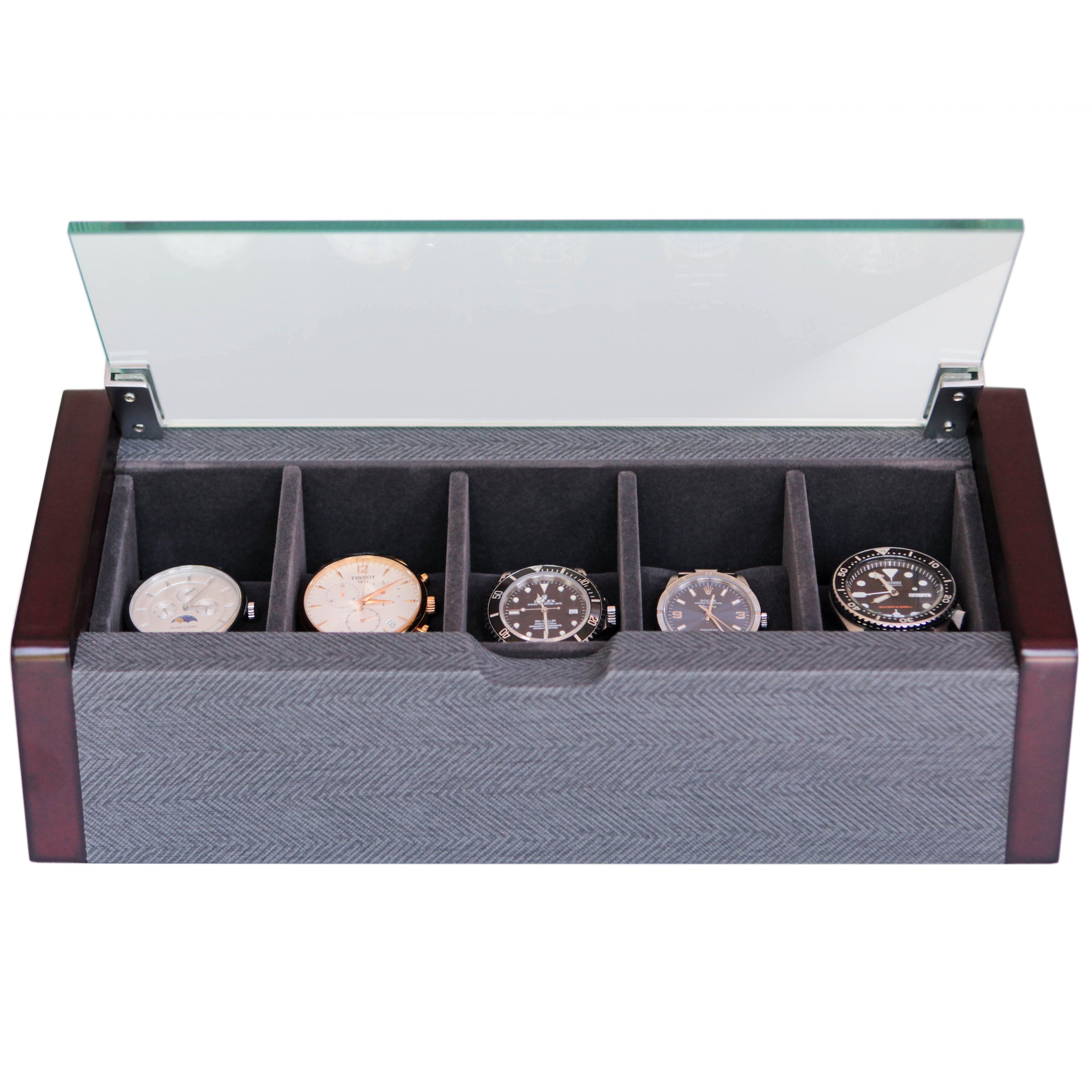 Premium Angled Glass Watch Box - 5 Slot Cherry and Herringbone – Case ...